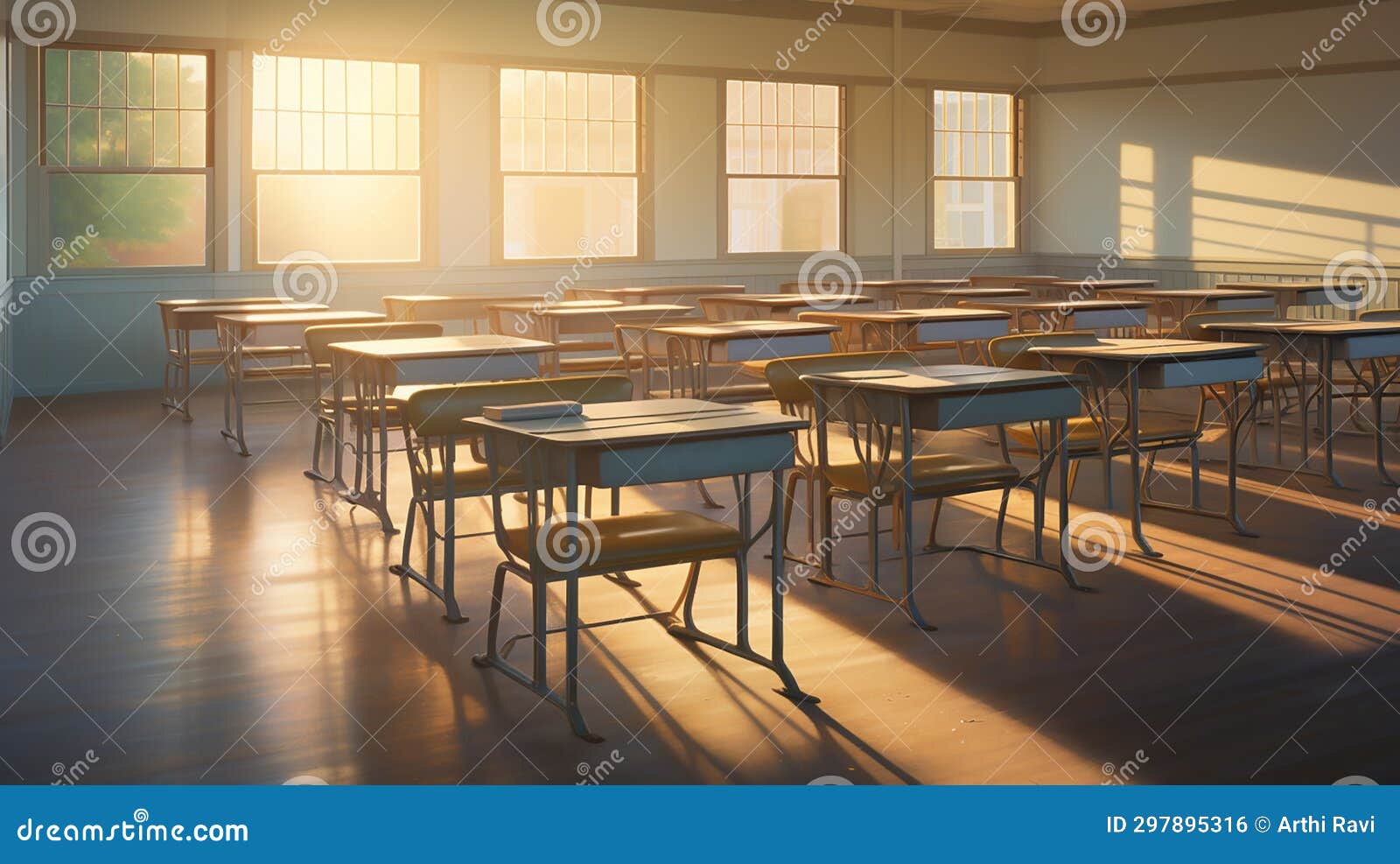An Empty Classroom in the Soft Light of Dawn, Where the Sun Peeks ...