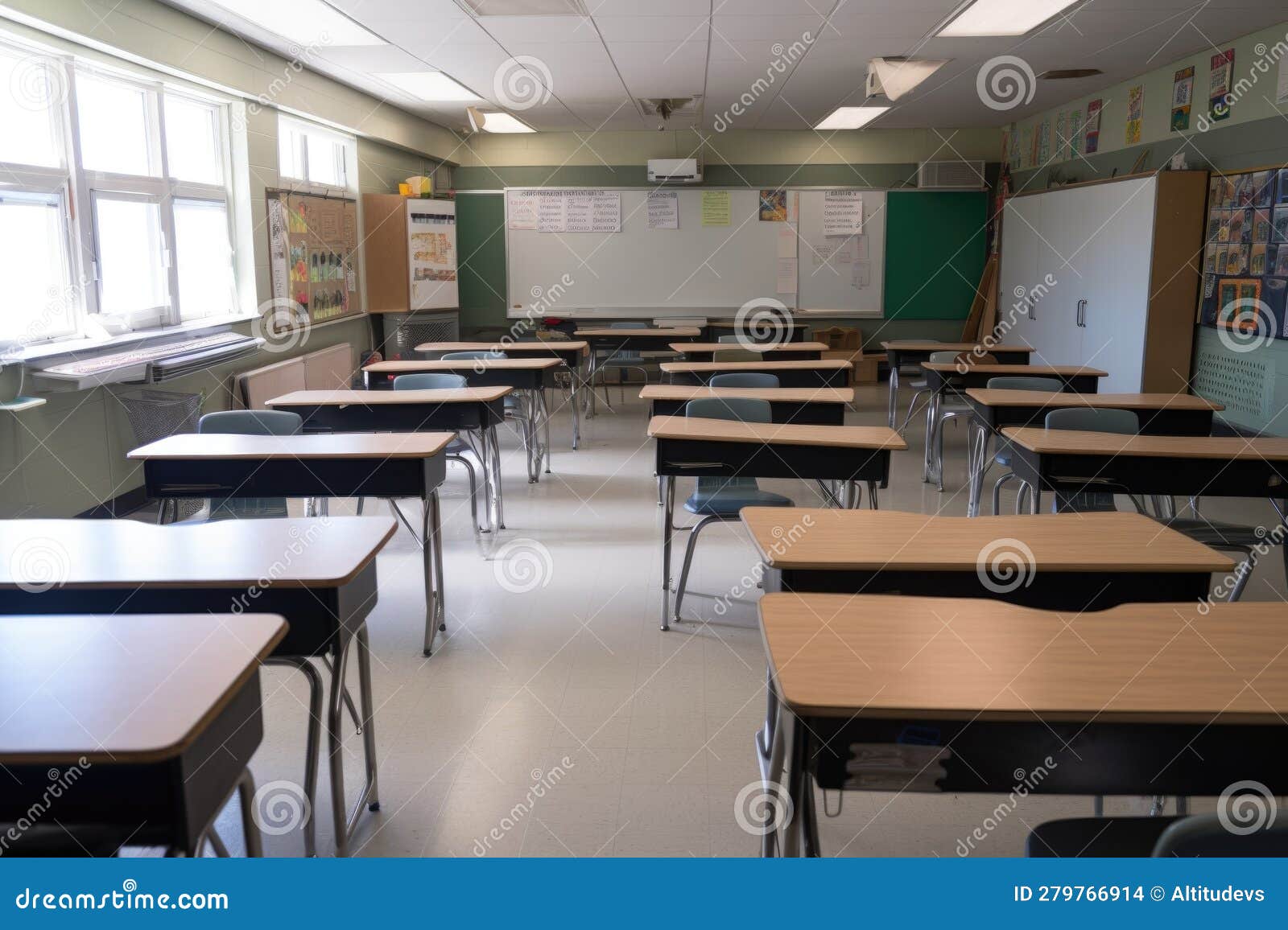 Empty Classroom, with Student Desks and Chairs in Their Place, Ready ...
