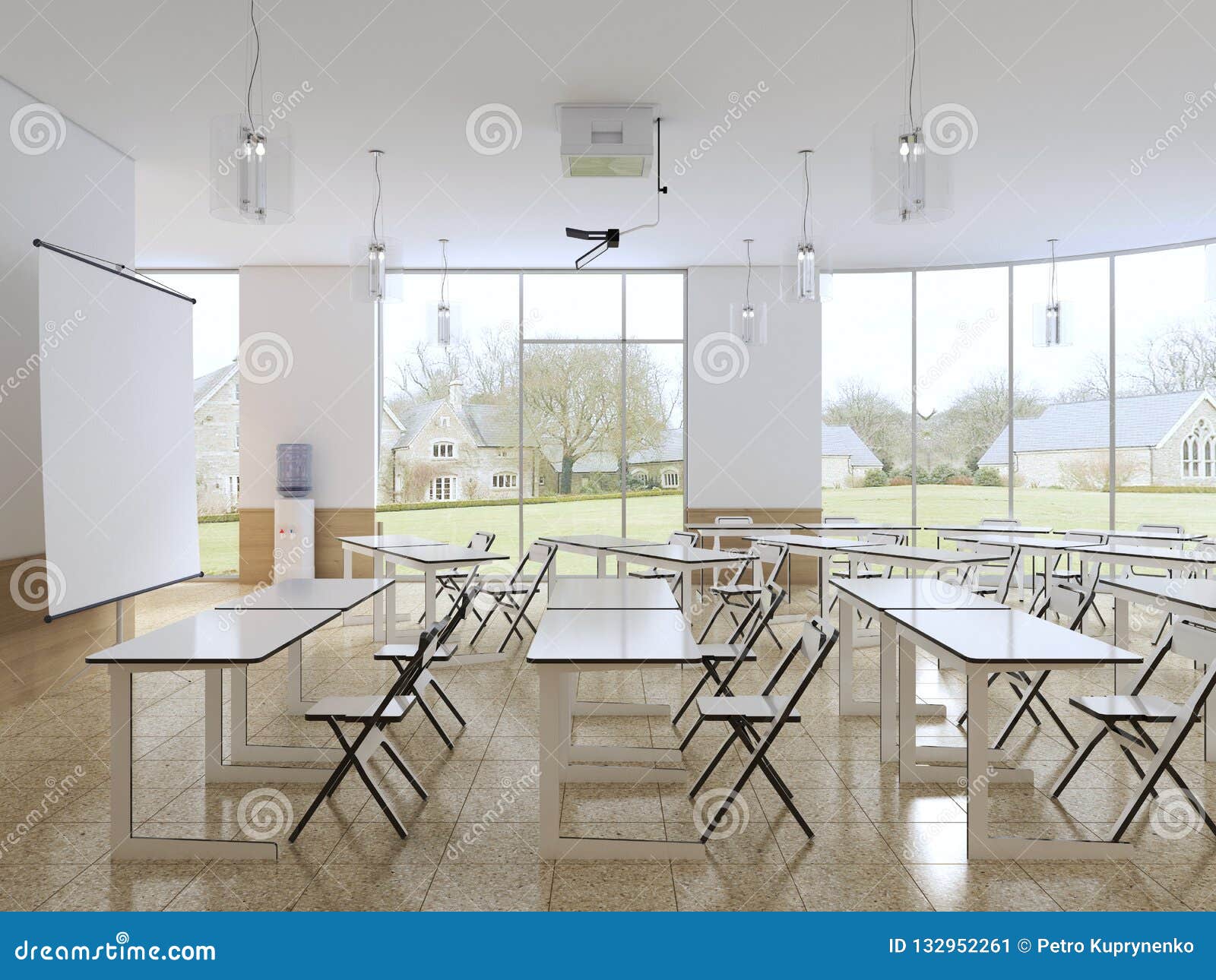 Empty Classroom for Students with Modern Equipment and Kitchen Stock ...