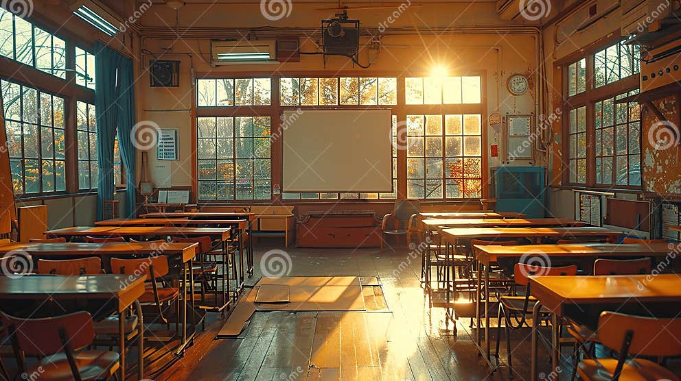 Empty Classroom with Sun Shining through Windows Stock Illustration ...