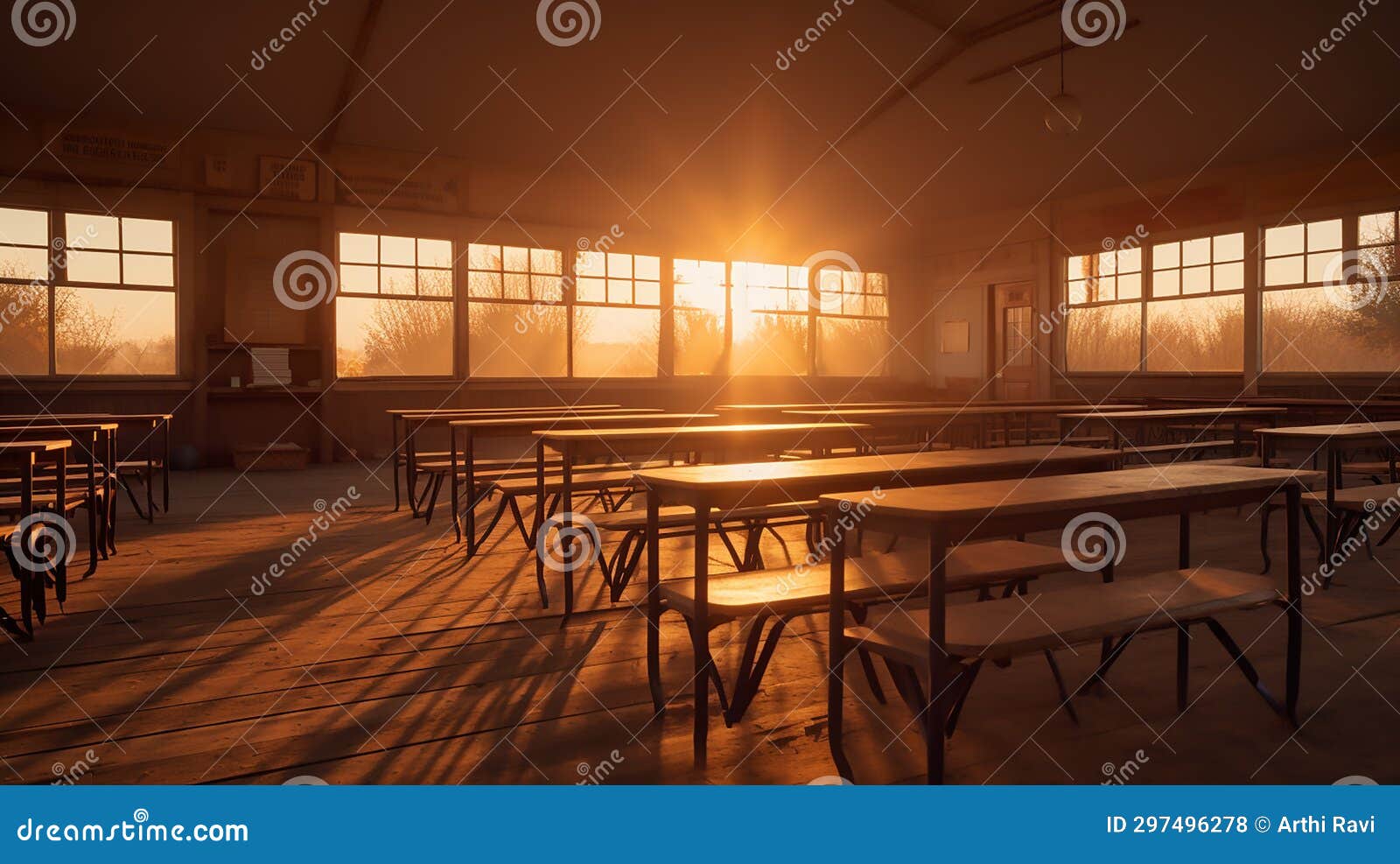 An Empty Classroom at Sunset, with the Last Rays of Daylight Gently ...