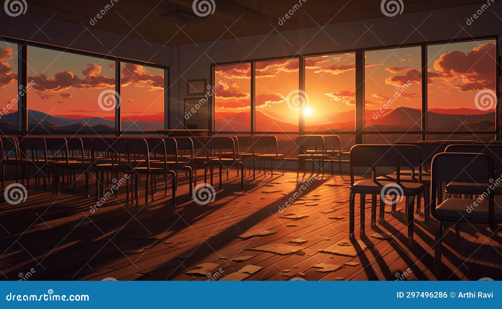 An Empty Classroom at Sunset, with the Last Rays of Daylight Gently ...