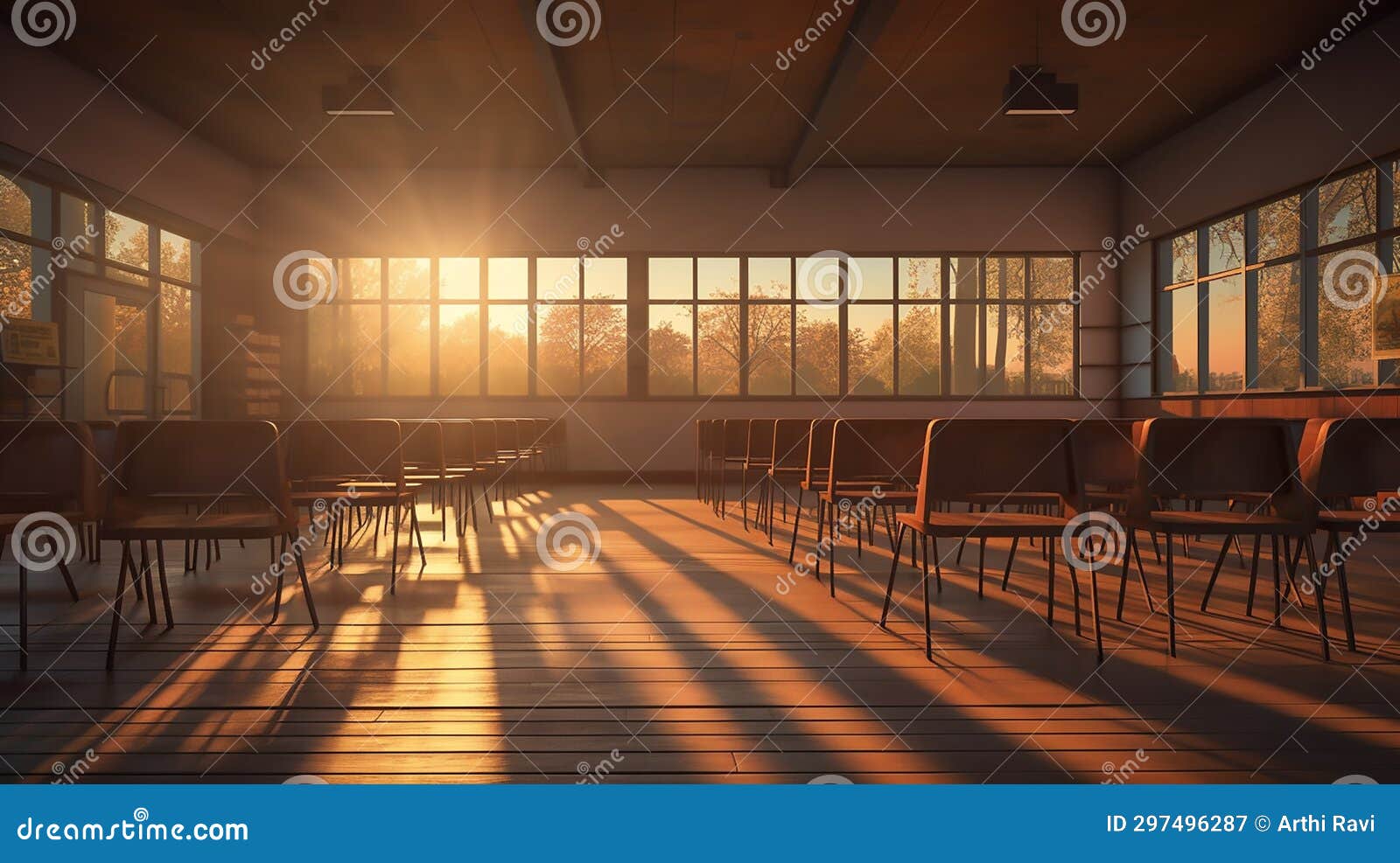An Empty Classroom at Sunset, with the Last Rays of Daylight Gently ...