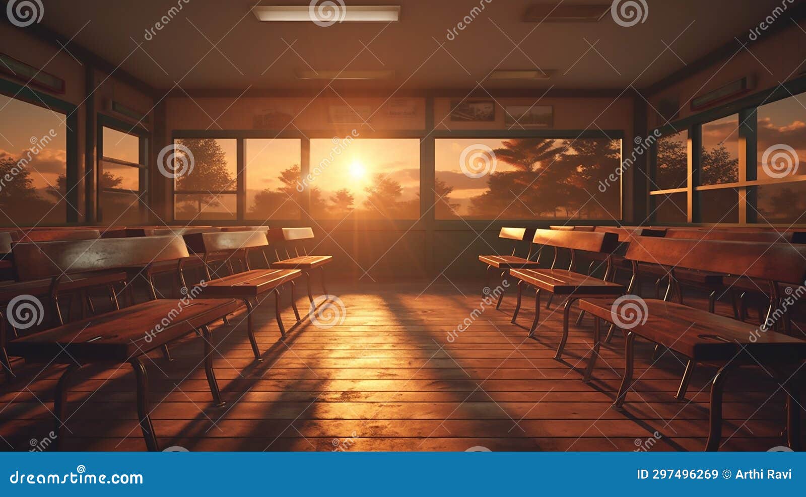 An Empty Classroom at Sunset, with the Last Rays of Daylight Gently ...