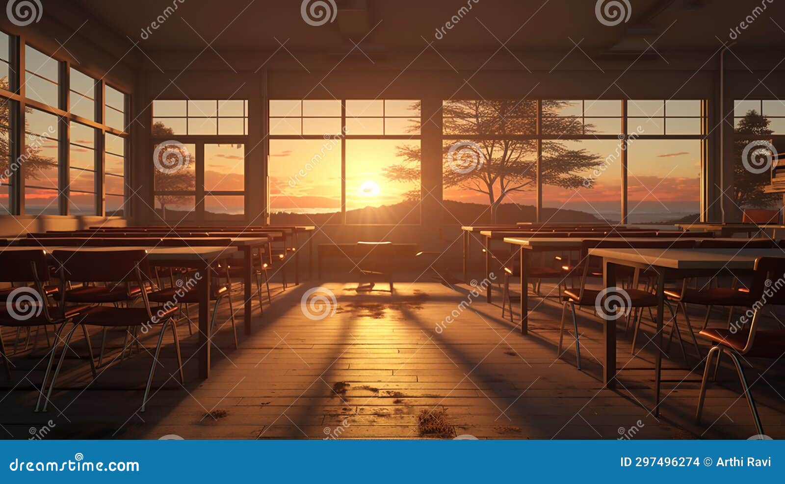 An Empty Classroom at Sunset, with the Last Rays of Daylight Gently ...