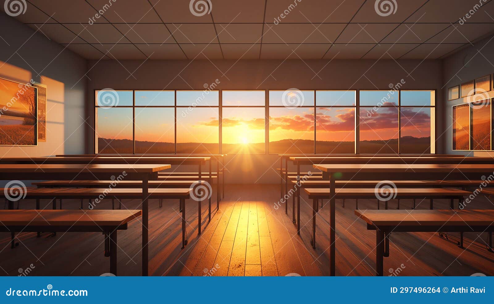 An Empty Classroom at Sunset, with the Last Rays of Daylight Gently ...