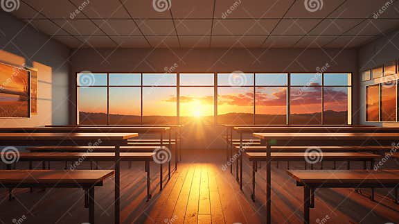 An Empty Classroom at Sunset, with the Last Rays of Daylight Gently ...