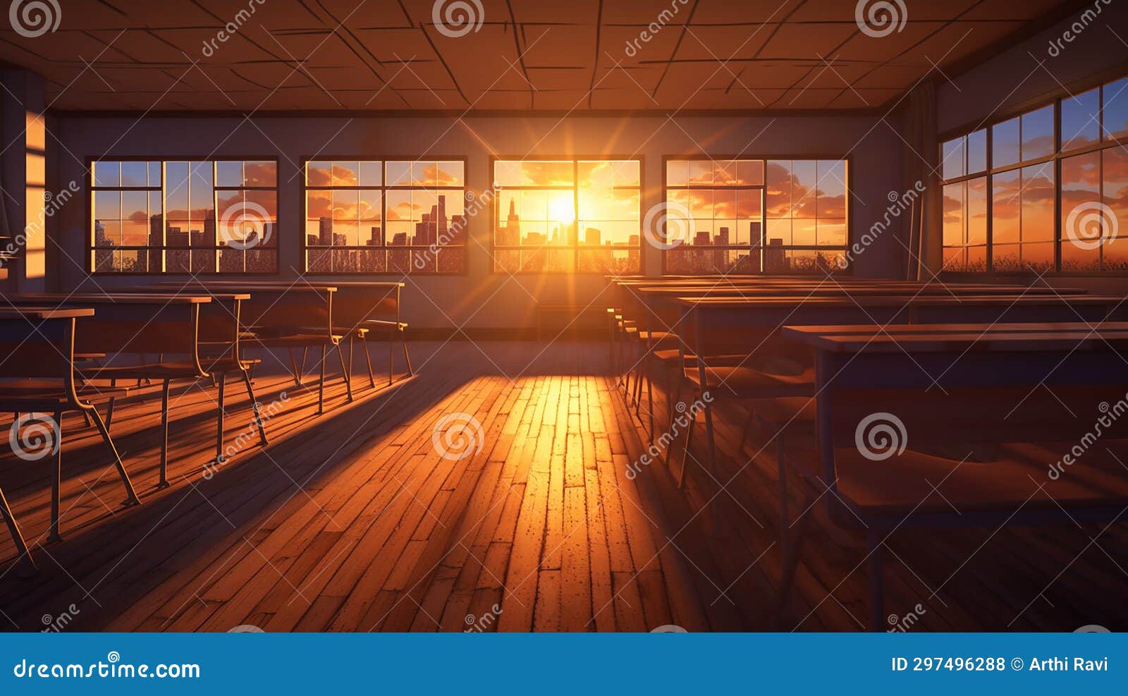 An Empty Classroom at Sunset, with the Last Rays of Daylight Gently ...