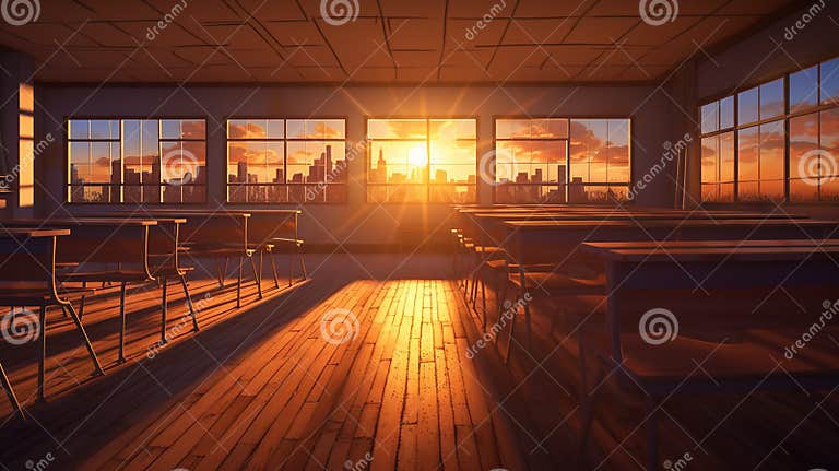 An Empty Classroom at Sunset, with the Last Rays of Daylight Gently ...