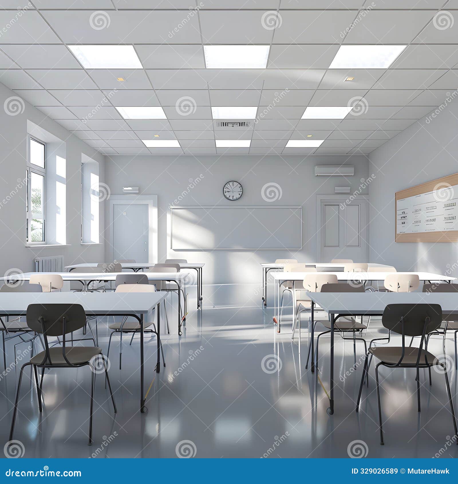 Empty Classroom with Tables and Chairs Stock Illustration ...