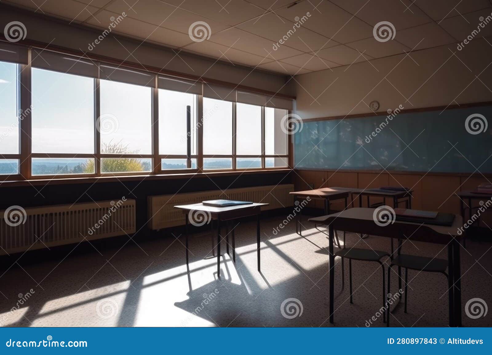 Empty Classroom, with a View of the Outside World and Bright Sunny Sky ...