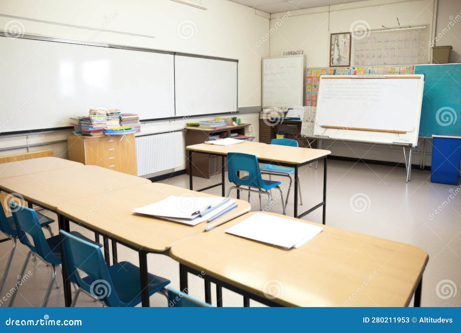 Empty Classroom with Whiteboard and Markers, Ready for Lesson Plan ...