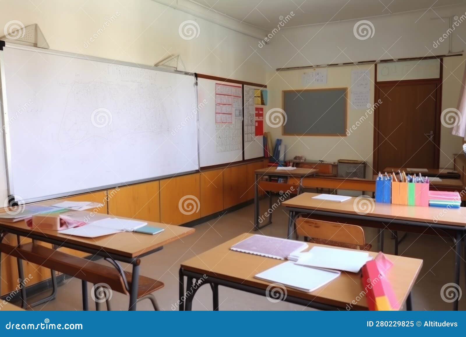 Empty Classroom with Whiteboard and Markers, Ready for Lesson Plan ...