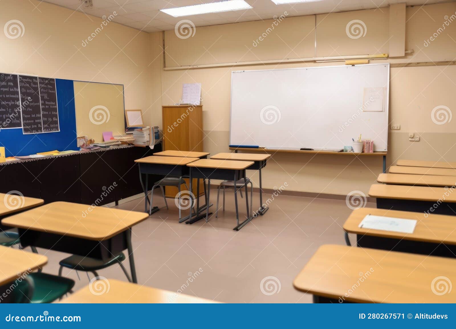 Empty Classroom with Whiteboard and Markers, Ready for Lessons Stock ...