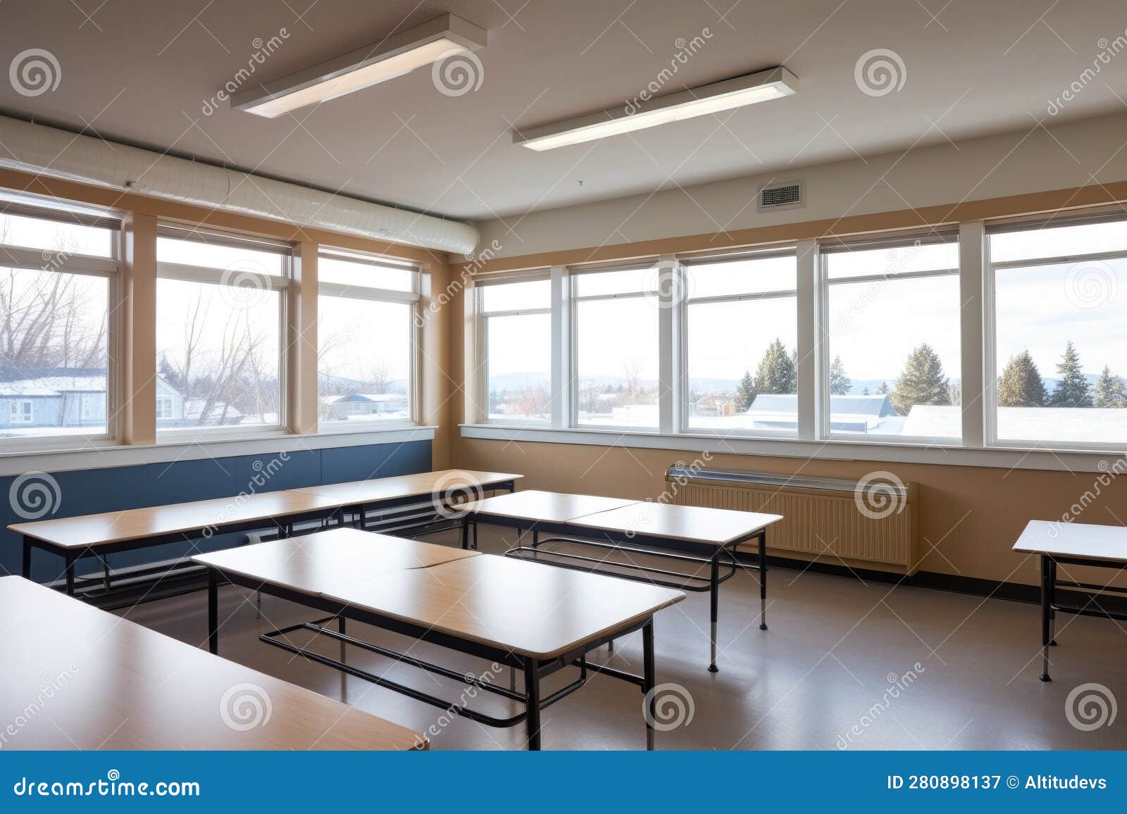 Empty Classroom with Windows and Natural Lighting for a Warm, Welcoming ...