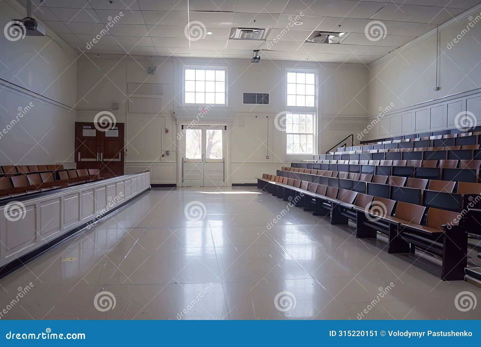 Empty Classroom With Wooden Benches And Windows Royalty-Free Stock ...