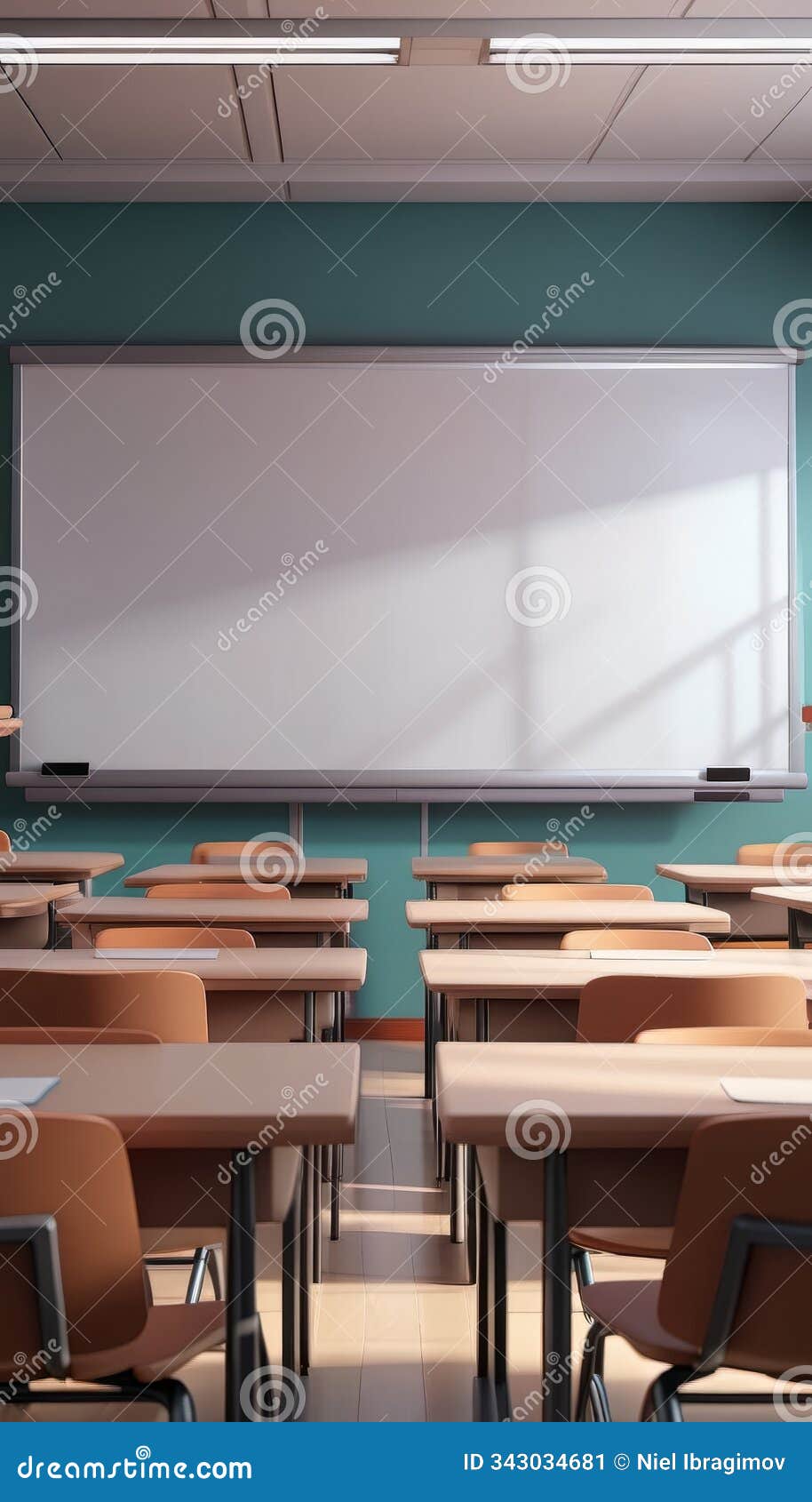 Empty Classroom with Wooden Desks and Whiteboard in Bright Lighting ...