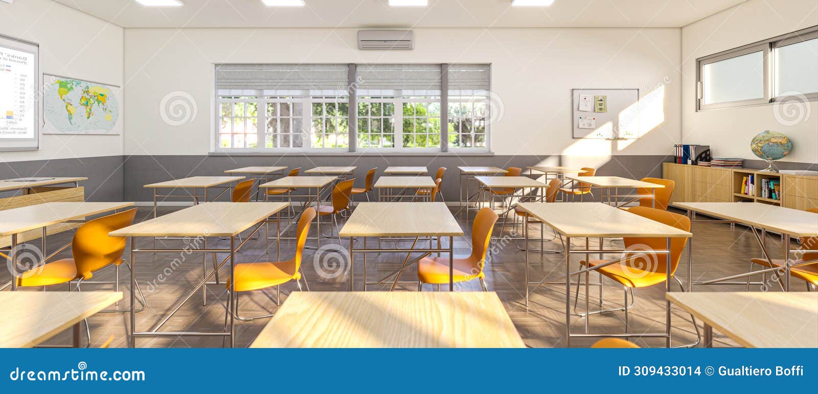 Empty Classroom With Wooden Desks, World Maps, And Sunny Windows Stock ...