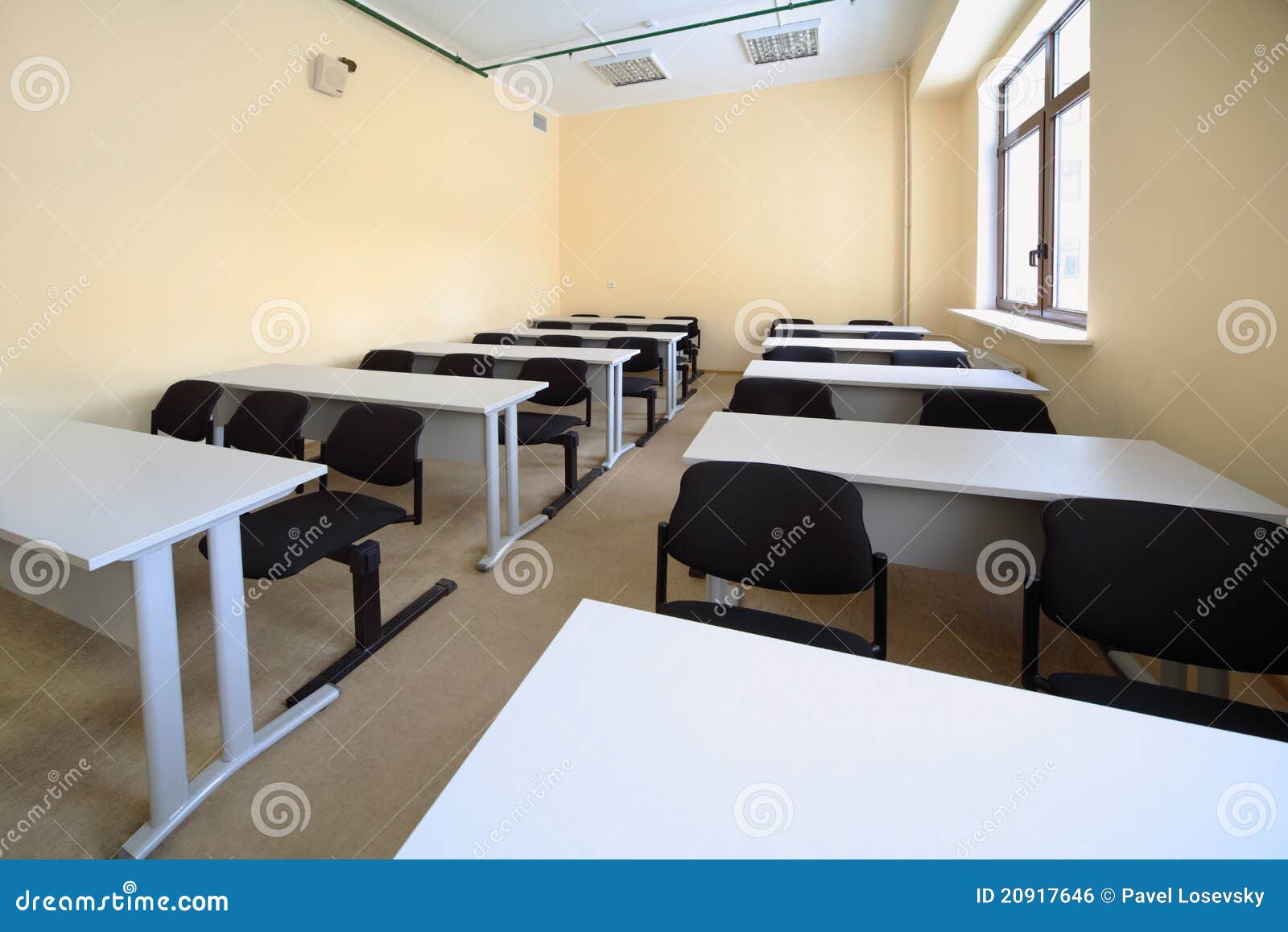 Empty Classroom with Wooden School Desks Stock Photo - Image of bench ...