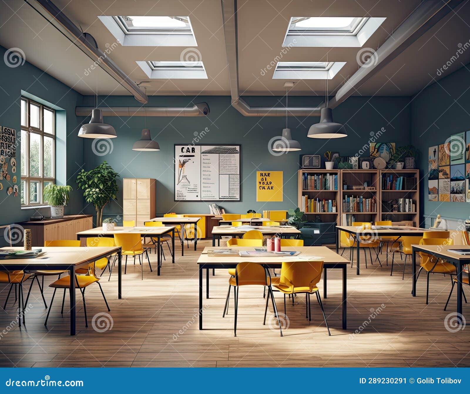 An Empty Classroom with Yellow Tables and Chairs Stock Image - Image of ...