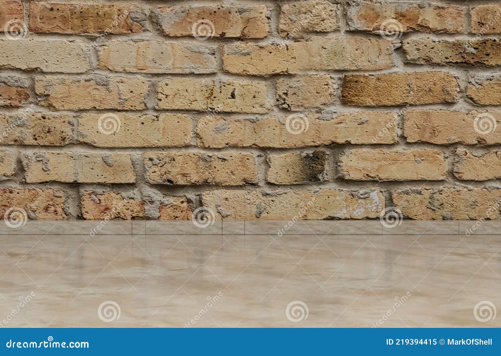 Empty Close Up Kitchen Counter with Brick Wall and Marble Front View ...