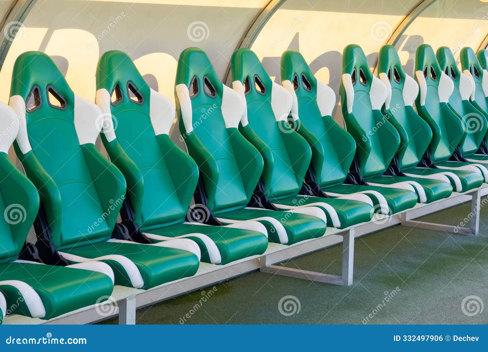 Empty Coach and Reserves Green Bench on a Football Stadium Stock Photo ...