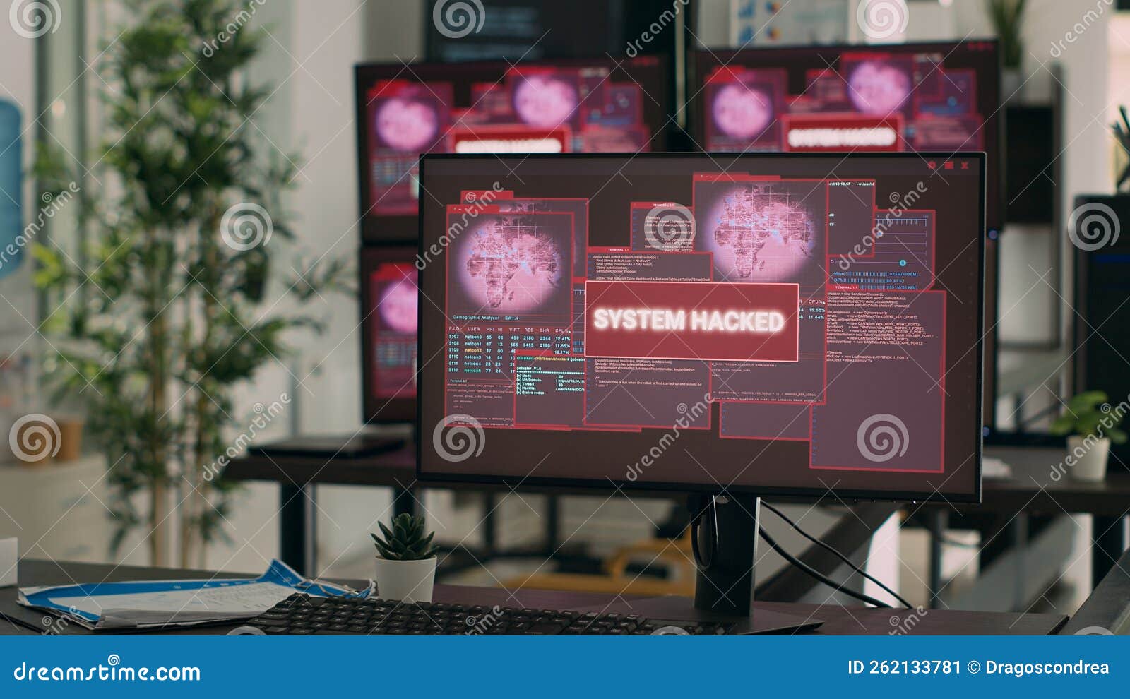 Empty Coding Office With Monitors Showing Security Breach Alert Stock Image Image Of Empty