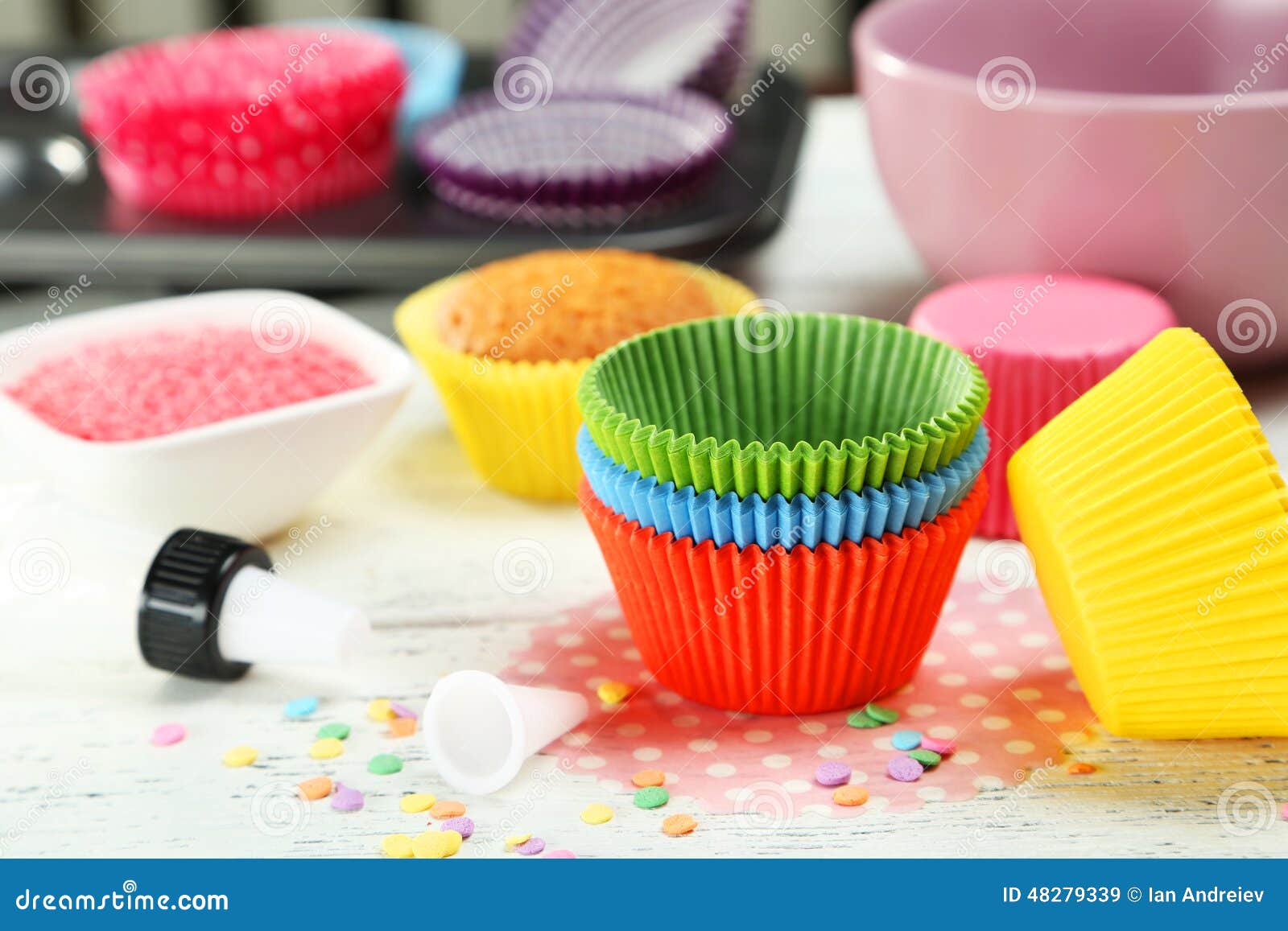Empty Colorful Cupcake Cases on White Wooden Background Stock Image ...