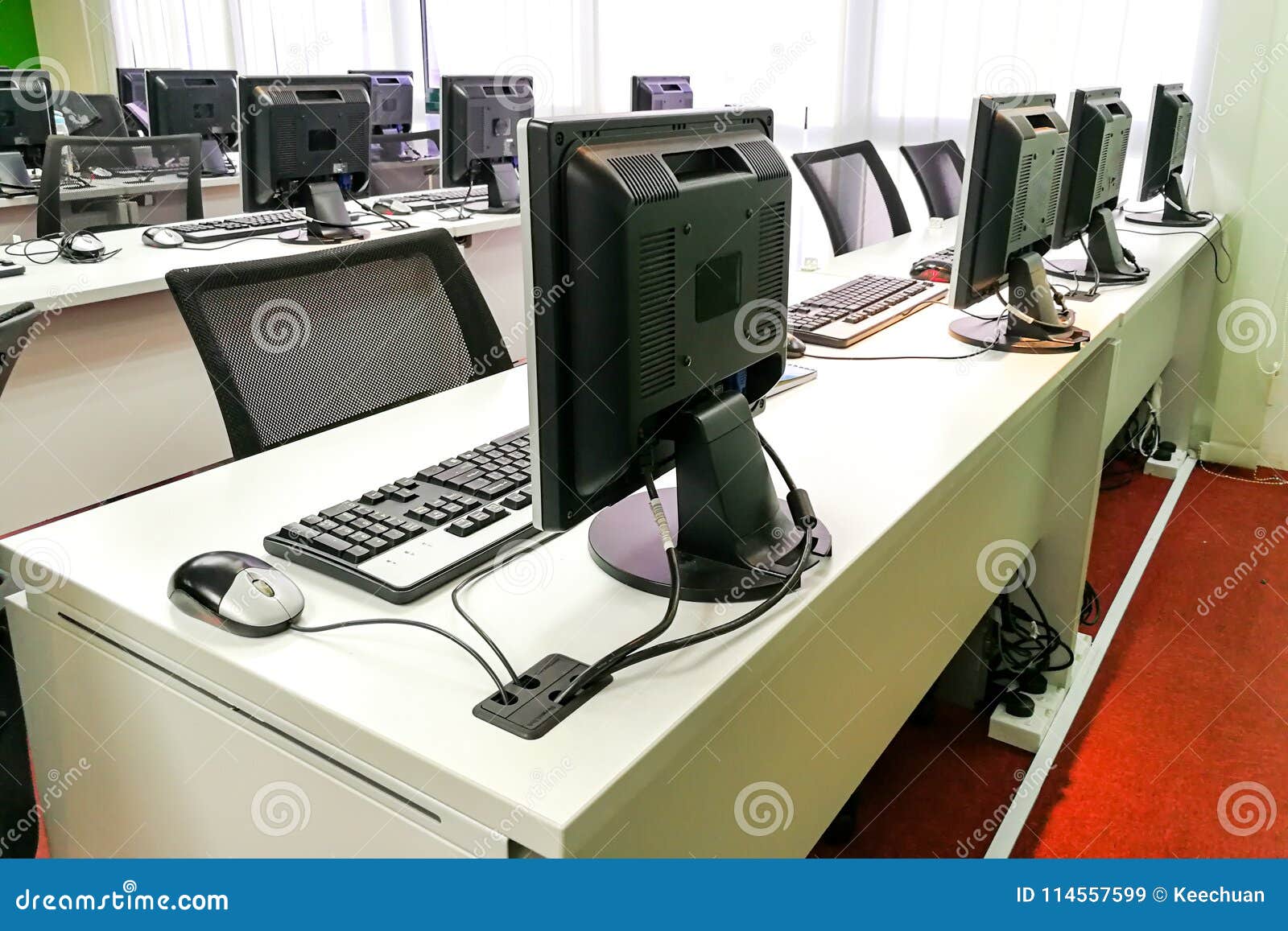 Empty Computer Classroom with Monitors on Top of Table Stock Image ...