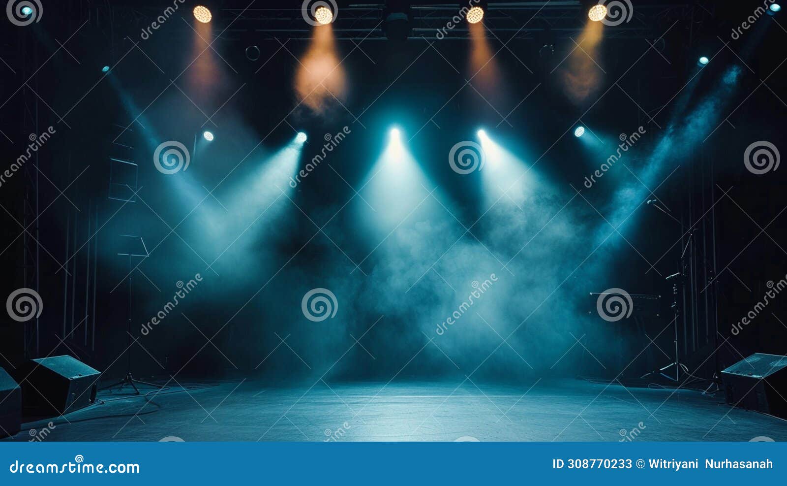 Empty Concert Stage with Illuminated Spotlights and Smoke. Stage ...
