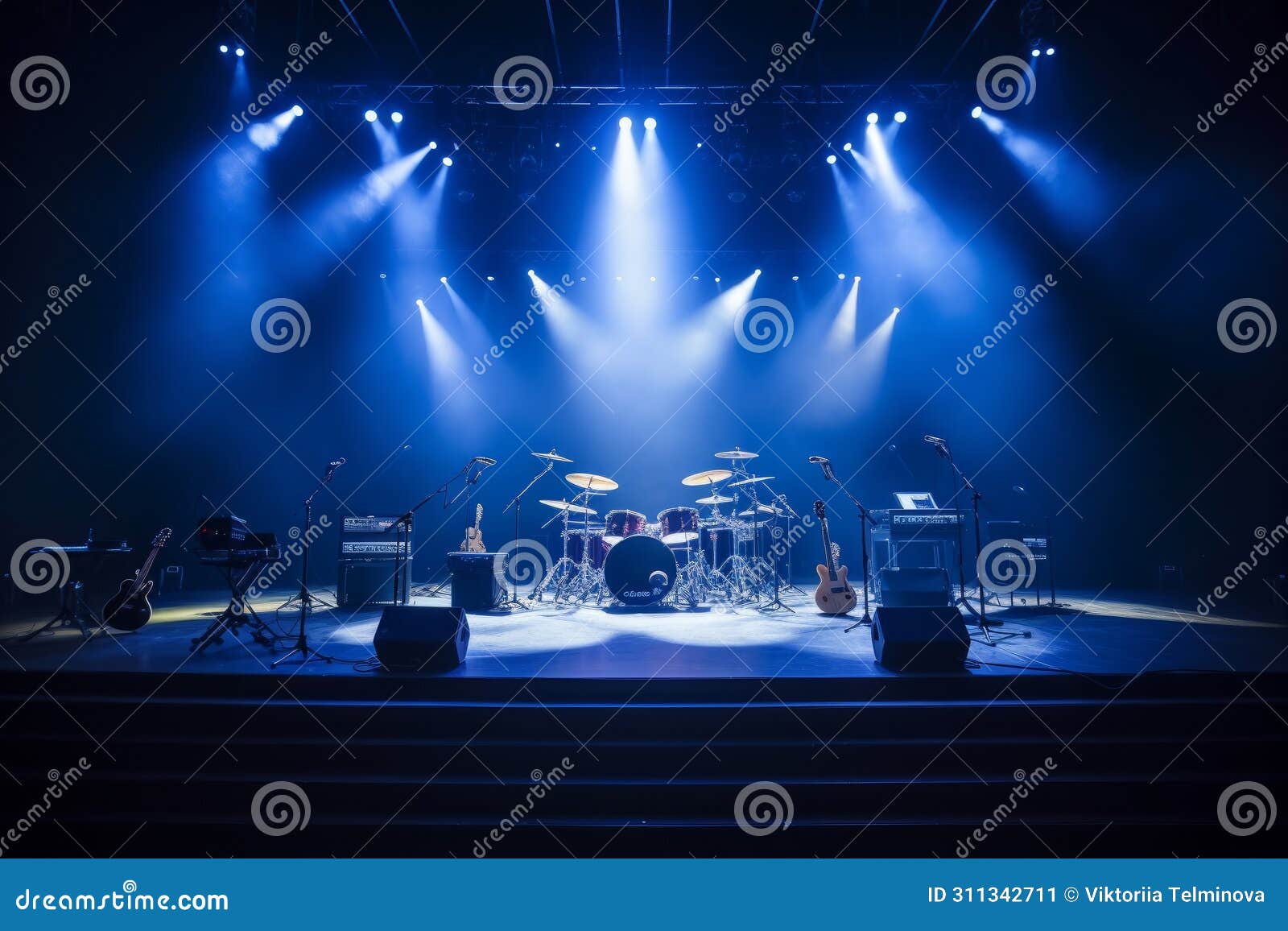 An Empty Concert Stage with Musical Instruments, Illuminated by ...