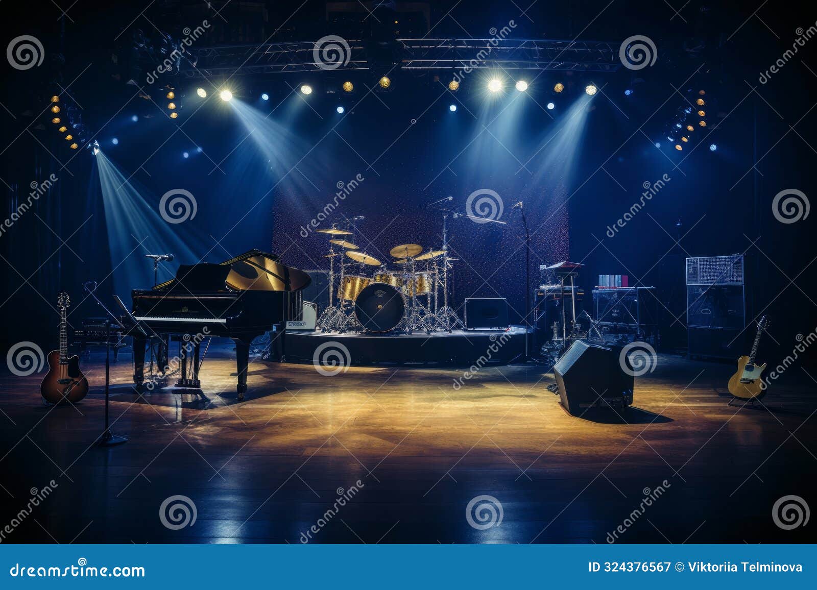 An Empty Concert Stage with Musical Instruments, Illuminated by ...
