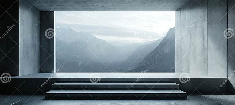 Empty Concrete Building Interior with a View of Mountains, Minimalist ...