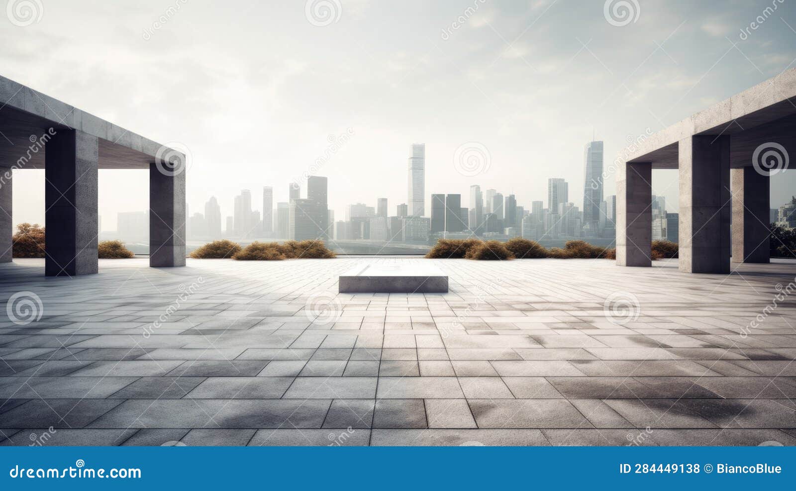Empty Concrete Courtyard with Blur Background of Skyline. Generative Ai ...