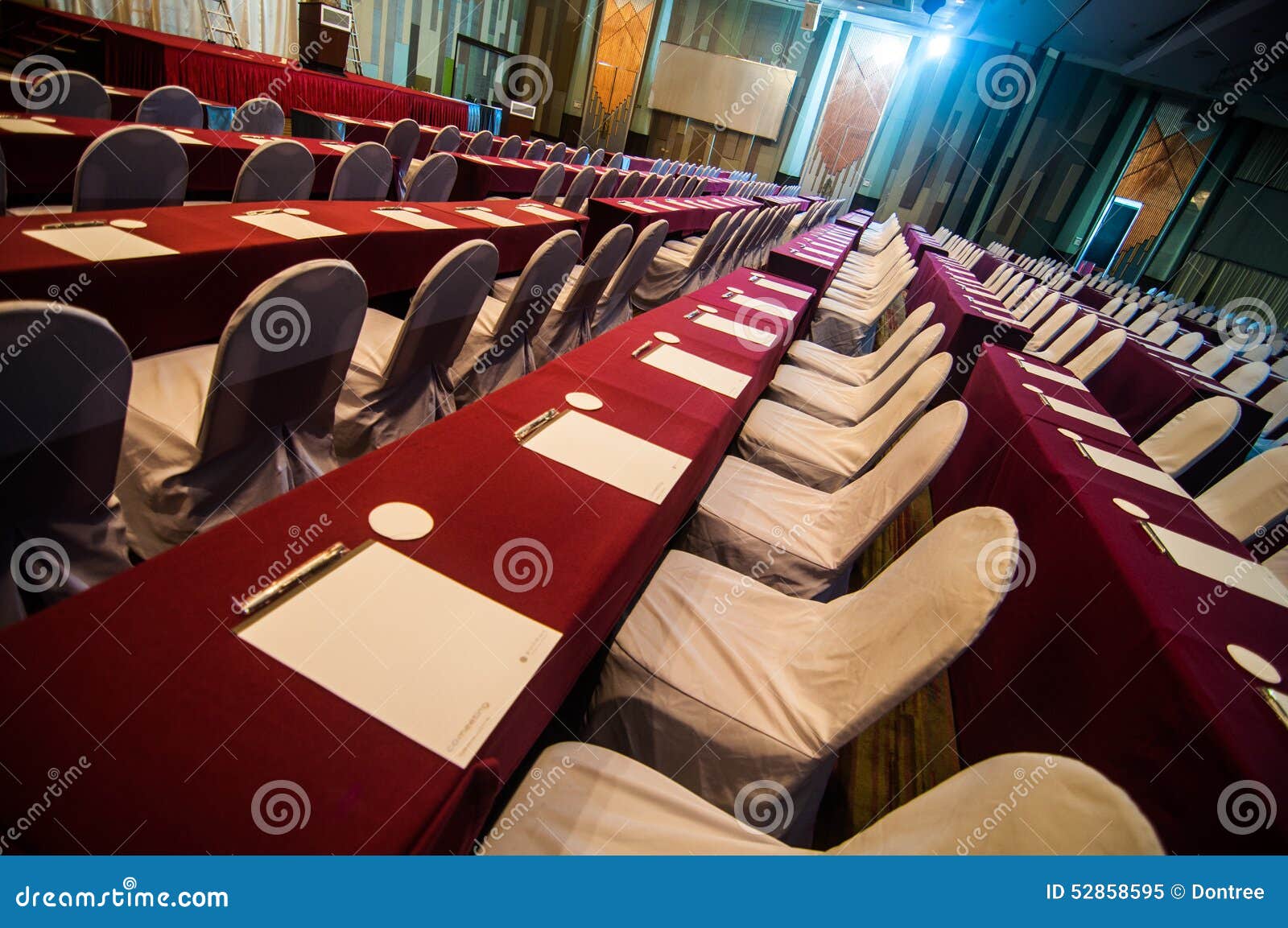 Empty Conference Hall with Red Table Stock Image - Image of convention ...