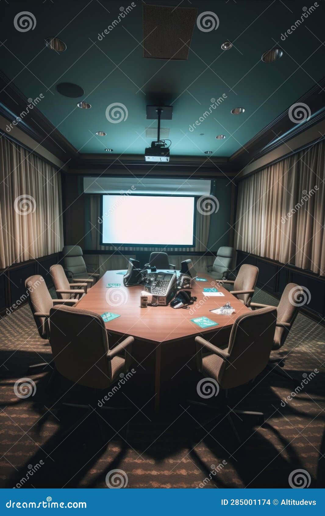 Empty Conference Room with Chairs, Table, and Projector Screen Stock ...