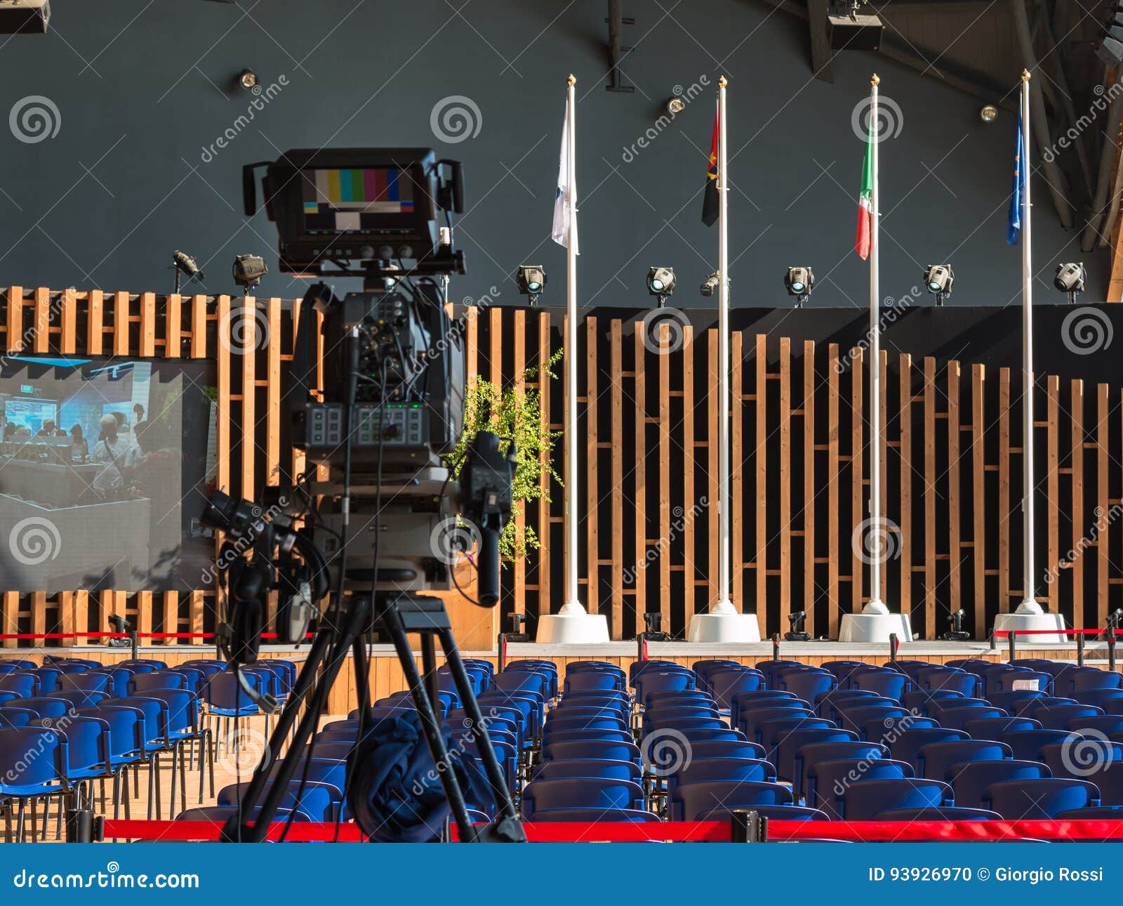 Empty Conference Room with Television Camera Ready for Audience Stock ...