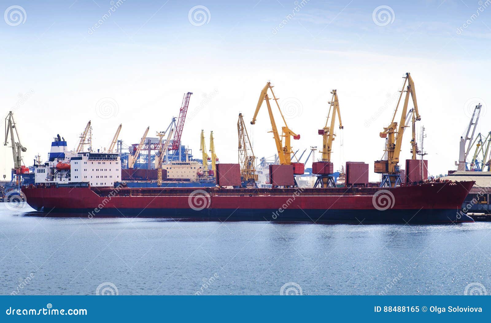 Empty Container Ship in Port, Cargo Cranes on Background Stock Image ...