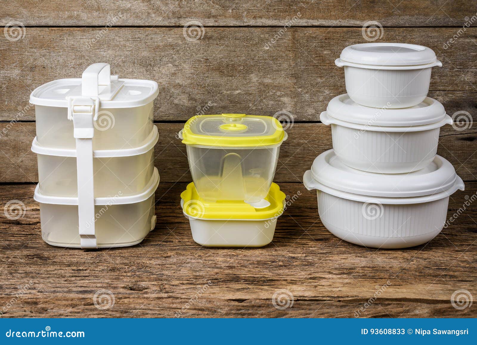 Empty Containers for Food on Wooden Background Stock Image - Image of ...
