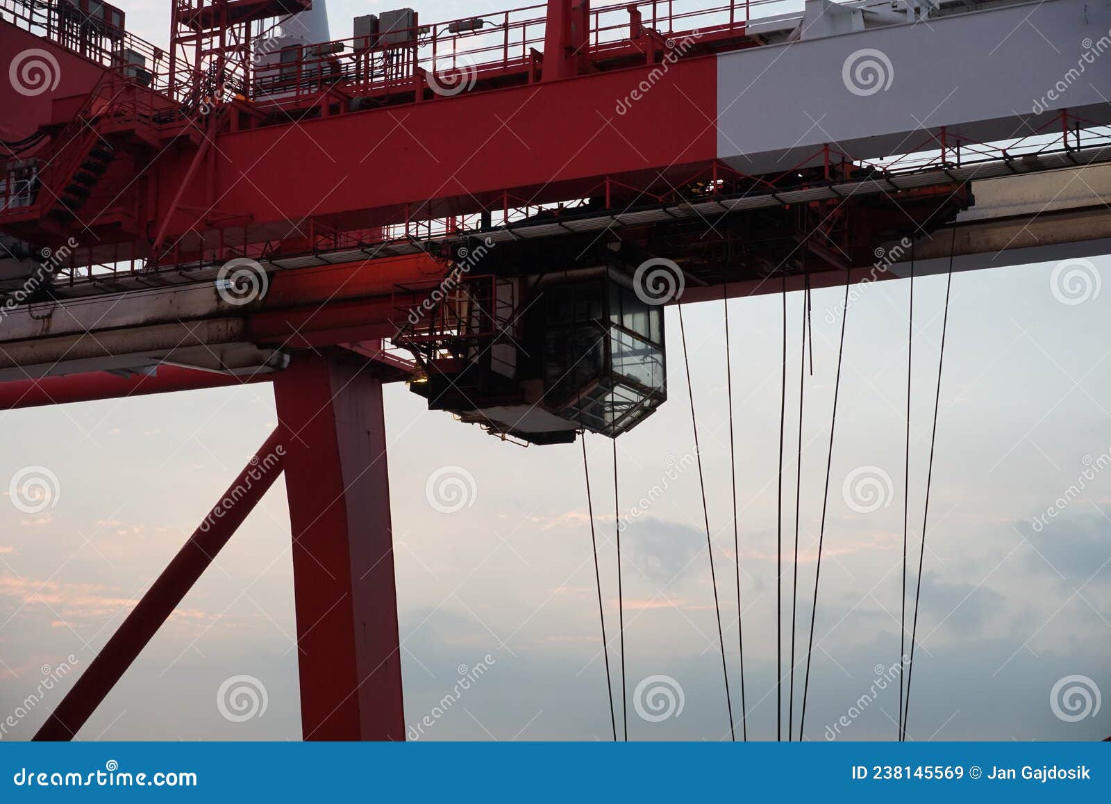 Empty Control Cabin of Red White Gantry Cranes Using for Loading and ...