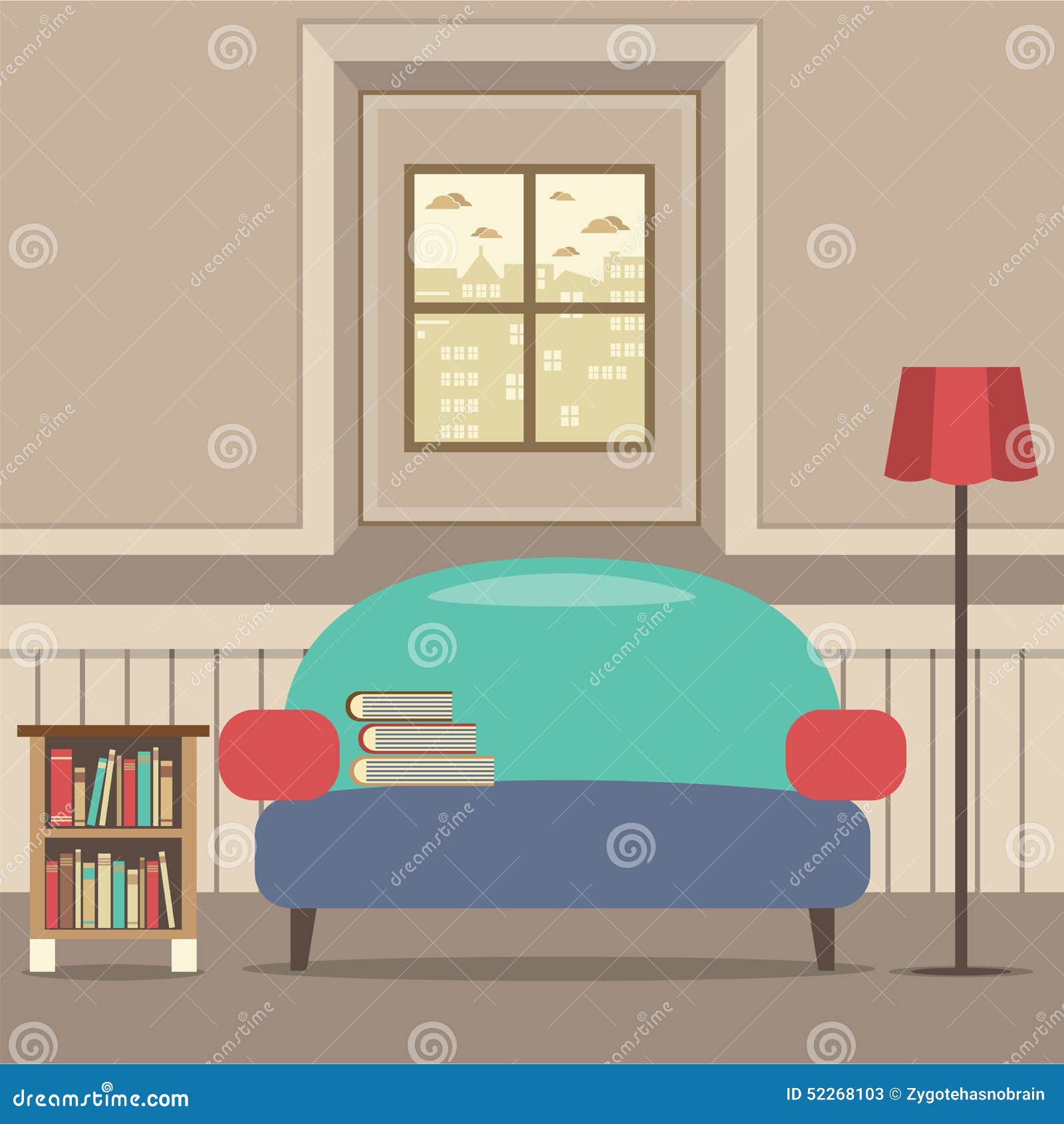 Empty Couch with Bookcase in Front of Window Stock Vector ...