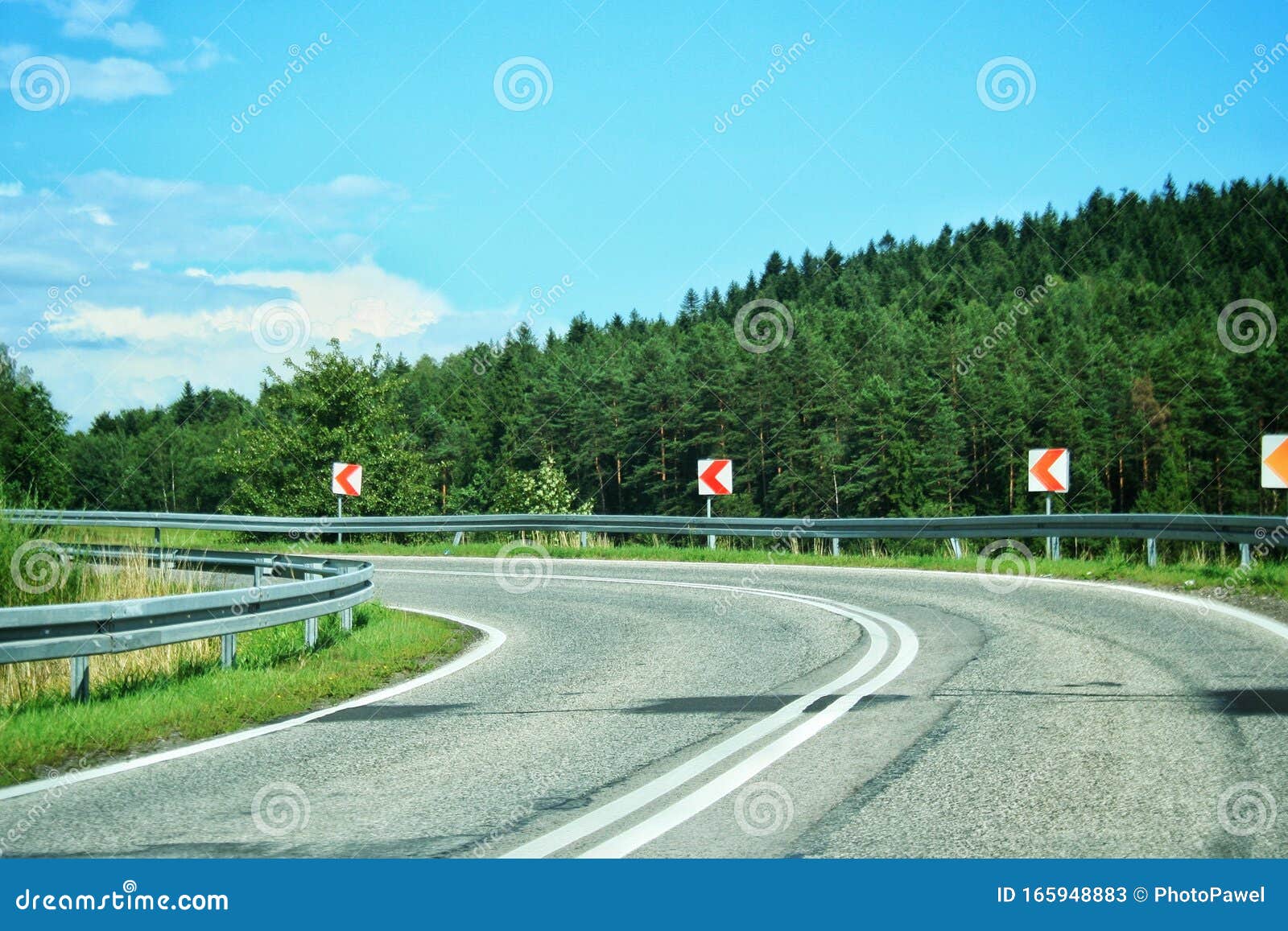 Empty Countryside Road with Warning Road Sign of Sharp Road Bend Ahead ...