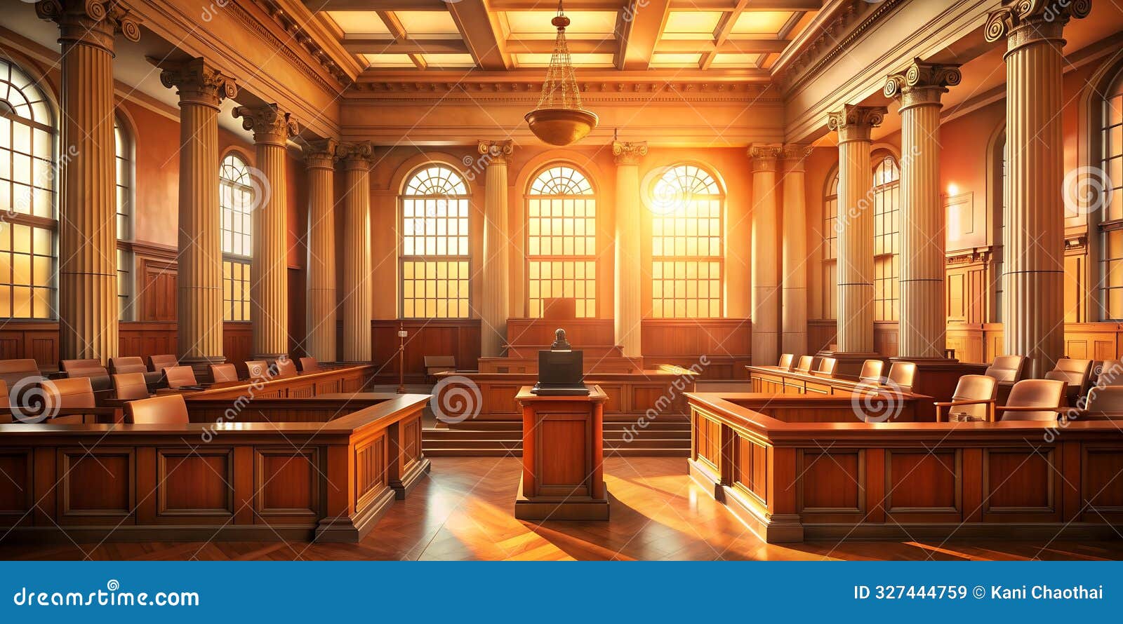 Empty Courtroom with Columns Large Windows with Sun Rays Orange Light ...