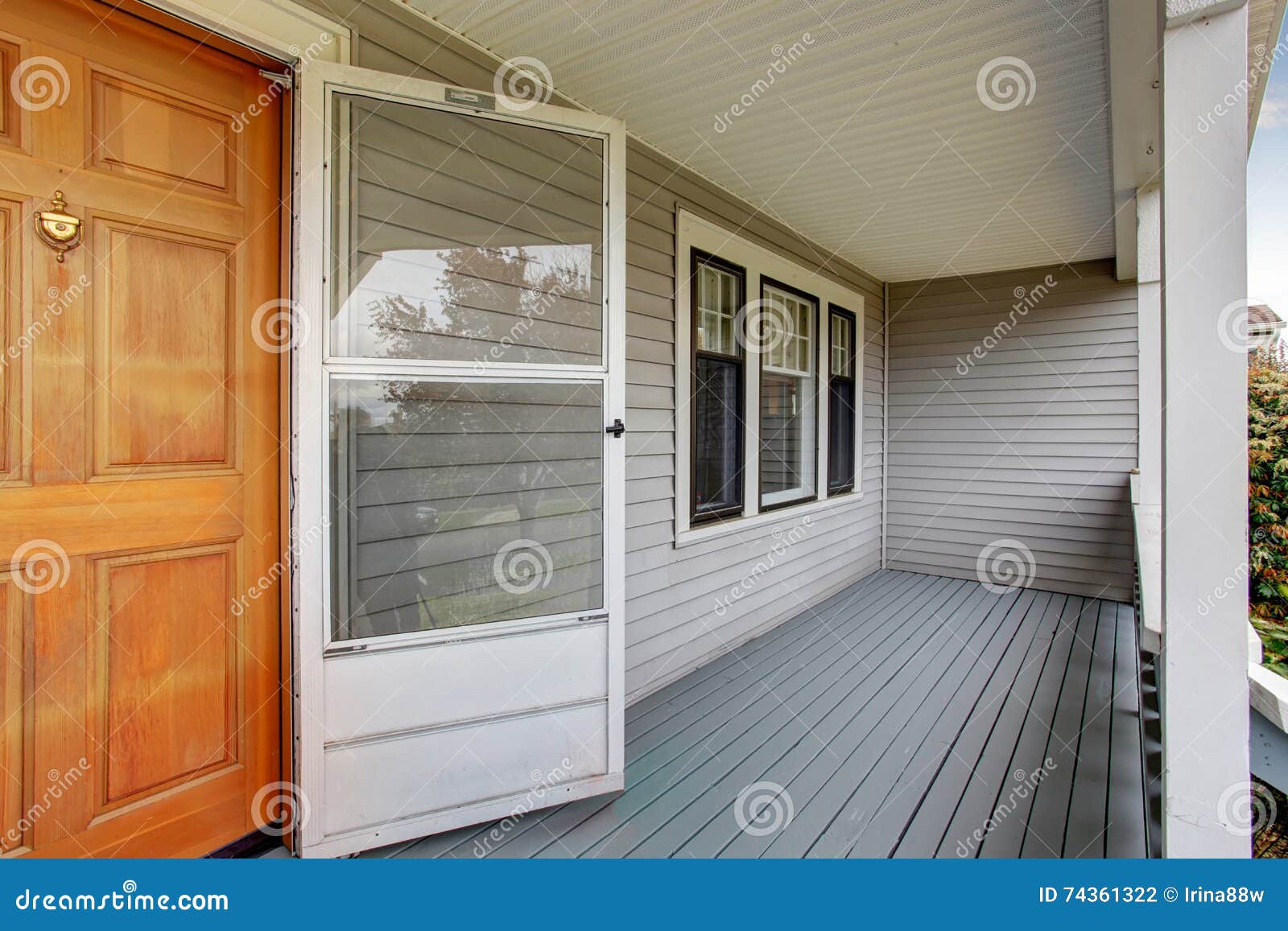 Empty Covered Porch with Double Front Door. Stock Photo - Image of ...