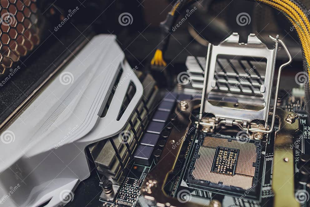 Empty Cpu Processor Socket on a Computer Motherboard with Pins Visible ...