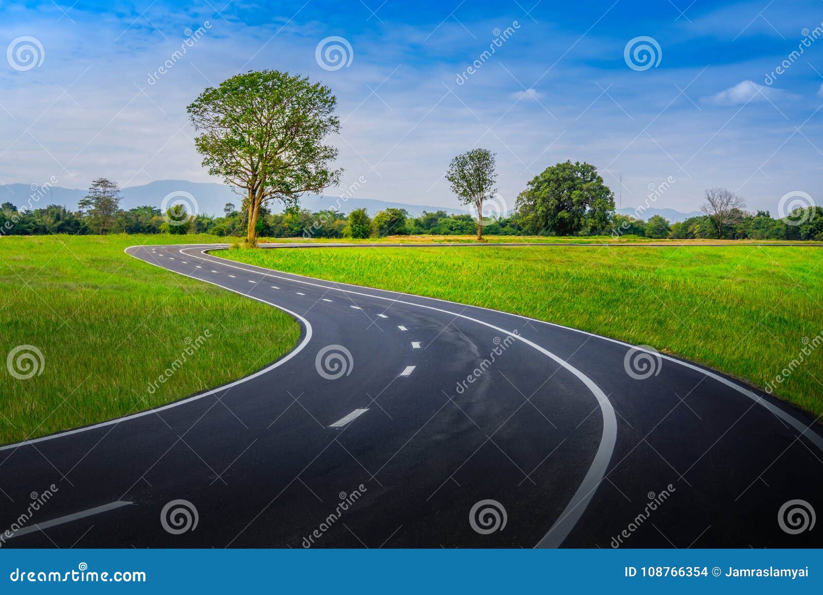 Empty Curved Road On Green Grass With Tree. Royalty-Free Stock Image ...