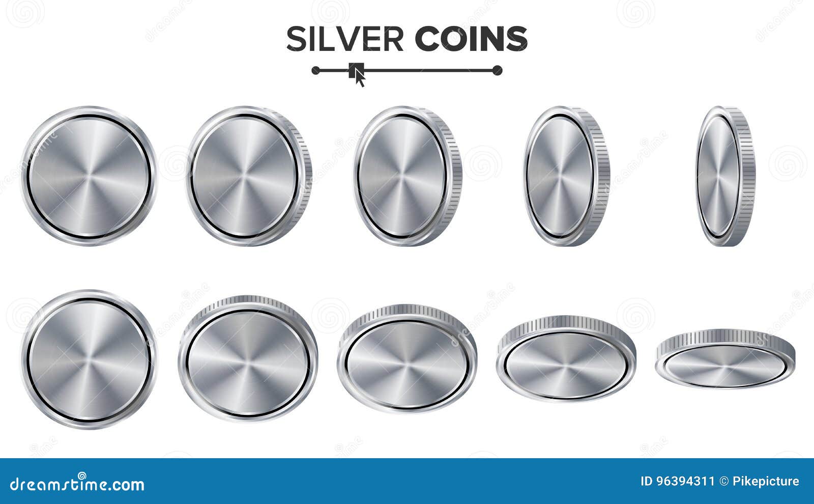 Empty 3D Silver Coins Vector Blank Set. Realistic Template. Flip ...