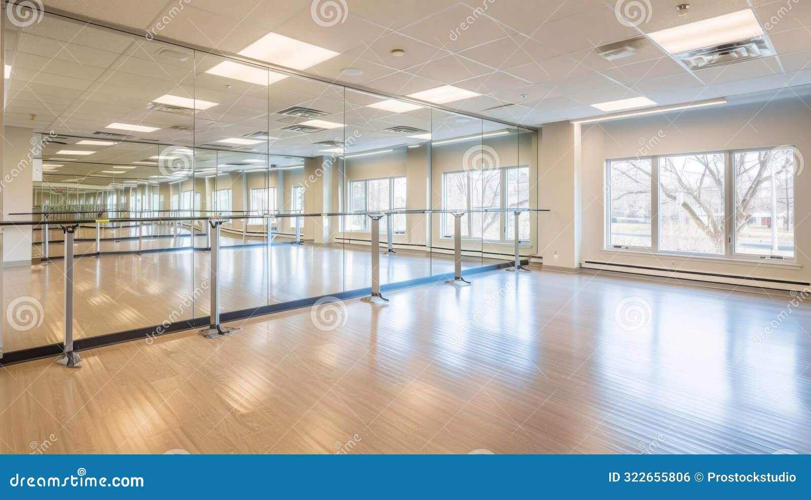 Empty Dance Studio with Barre and Windows Stock Photo - Image of ...