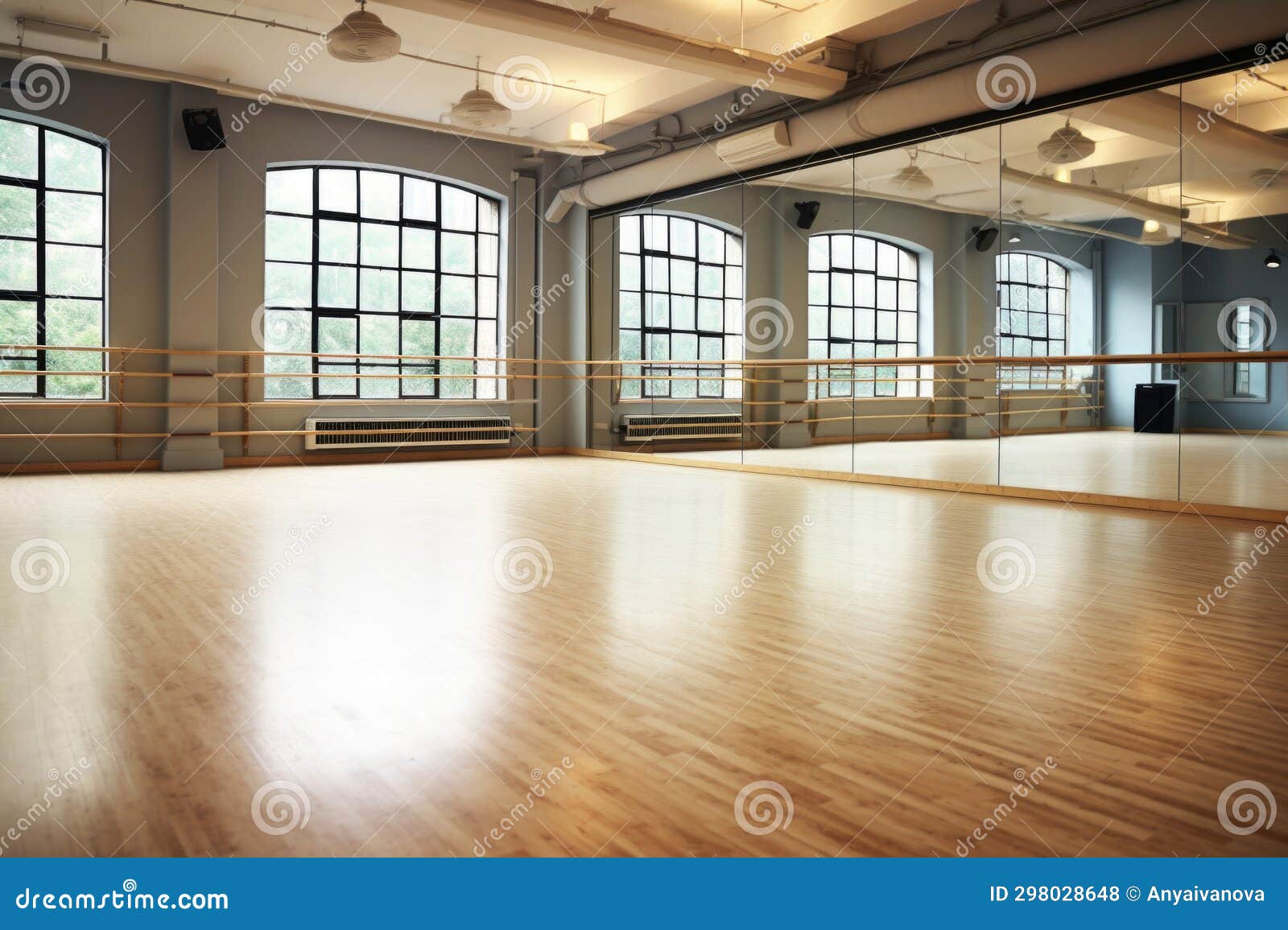An Empty Dance Studio with Wooden Floors and Large Windows, Dance ...