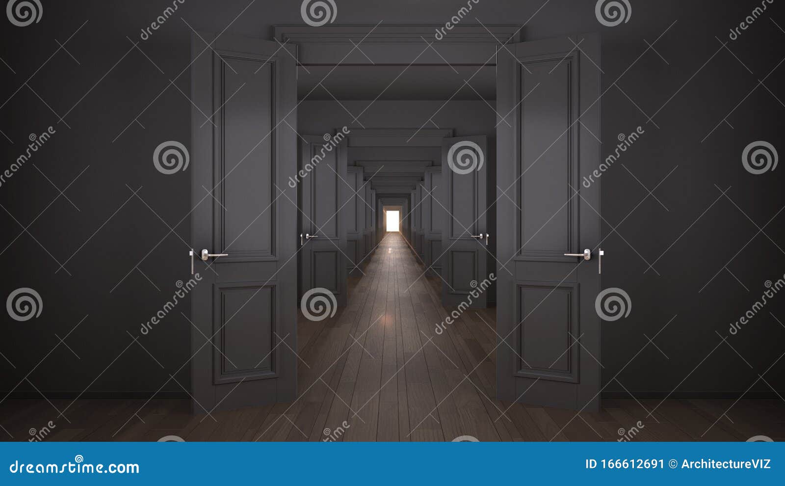 Empty Dark Architectural Interior with Infinite Open Doors, Endless ...